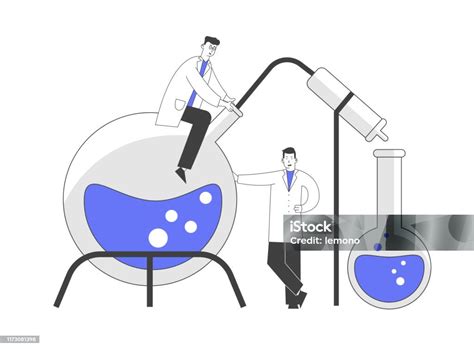 과학 실험실에서 실험을 수행하는 흰색 코트를 입은 남성 과학자 부부 화학 실험실 과학 연구에서 남성 문자 연구원 만화 플랫 벡터
