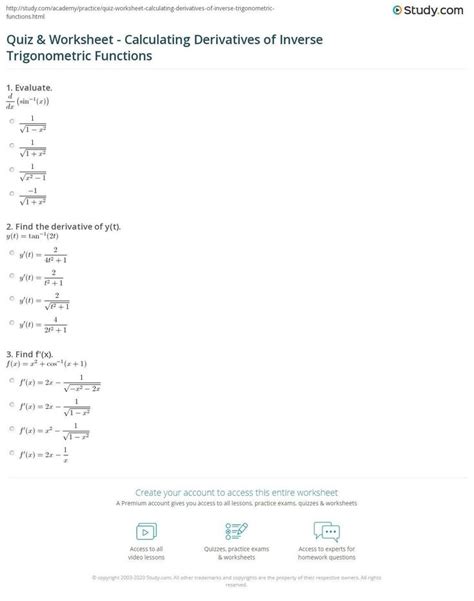 Inverse Trigonometric Functions Worksheet Quiz Worksheet Calculating De Trigonometri