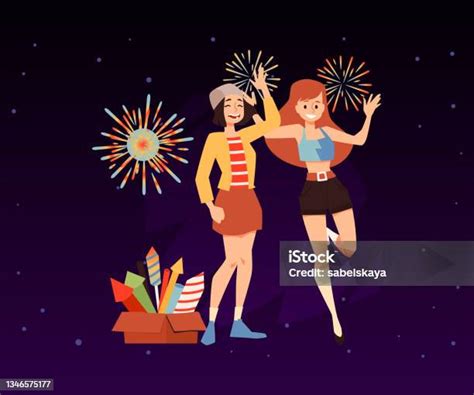 Gadisgadis Muda Menikmati Kembang Api Ilustrasi Vektor Datar Terisolasi