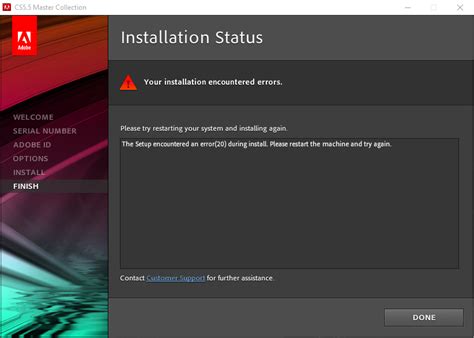 Solved How Do I Get Past Error20 When Installing Cs55 Adobe