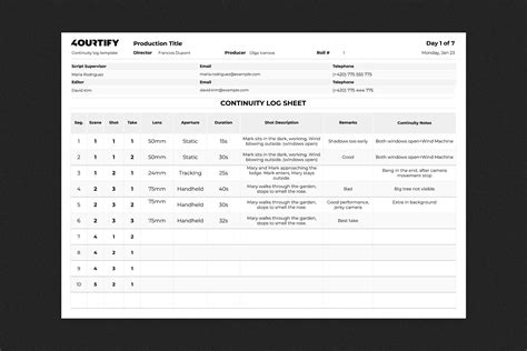 Continuity Log Sheet Template Fourtify