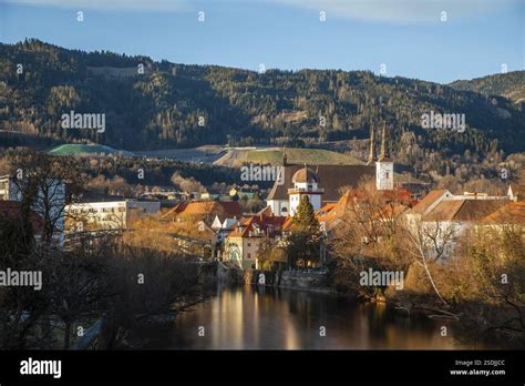 View Of The Historic City Centre Old Town Of Leoben At The River Mur