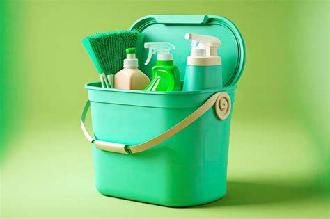 Premium Photo Green Cleaning Bucket With Cleaning Products On Green