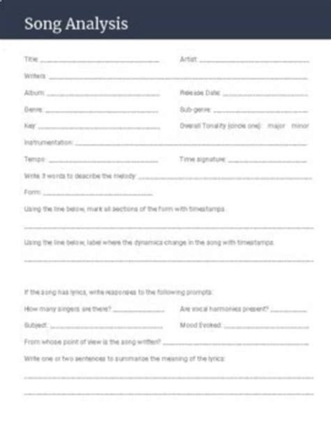 Song Analysis Worksheet Based On The 7 Elements Of Music Tpt