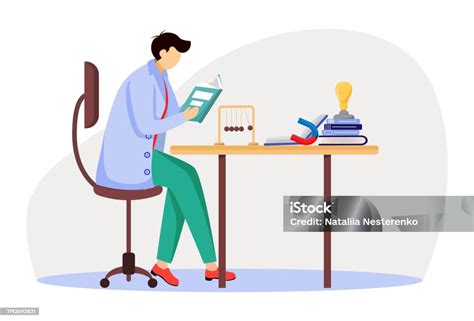 科學家在他的工作位置平面向量插圖穿藍色實驗室外套的人大學教授物理學家坐著看書在白色背景上孤立的卡通人物向量圖形及更多物理學家圖片 Istock