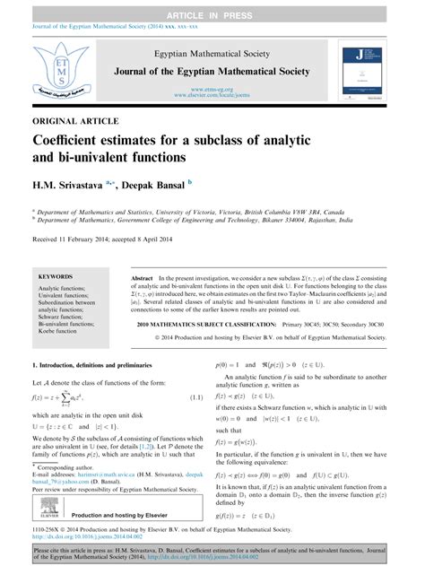 Pdf Coefficient Estimates For A Subclass Of Analytic And Bi Univalent