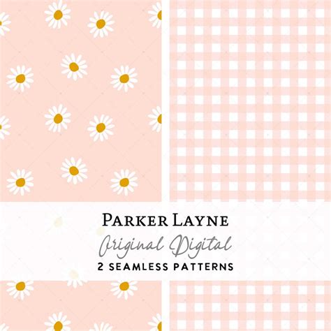 Pink Daisy Gingham Seamless Pattern Retro Floral Bundle Digital File