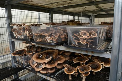 Mushroom Cultivation In A Controlled Environment Showcasing The