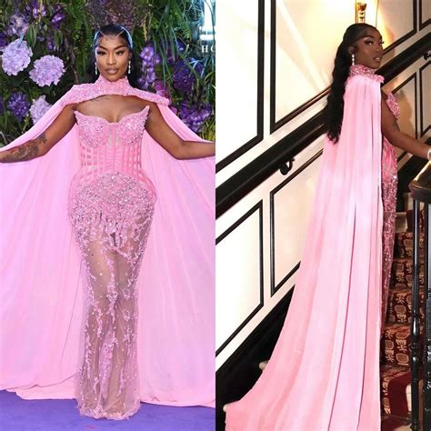 Illusion Beaded Long Cape Cape Evening Gown In Hot Pink For Women