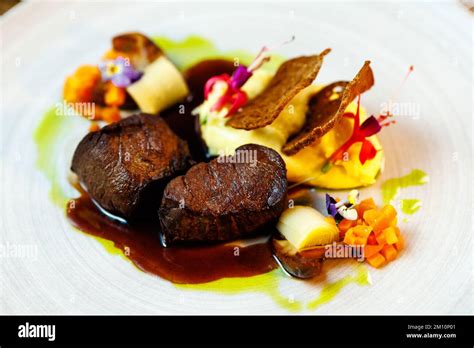 Deer Tenderloin Truffle Potato Puree Porcini Mushrooms Baked Leek