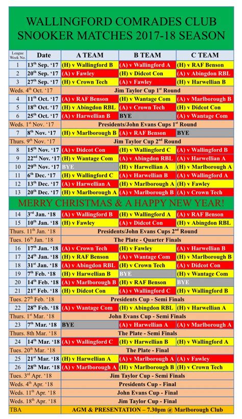 Snooker Changes To WCC Calendar D DB SL Fixture Lists