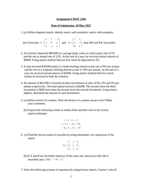 Assignment Linear Algebra 1 Pdf Matrix Mathematics Eigenvalues