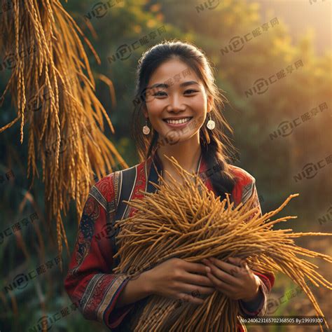 Ai创作图瑶族姑娘抱稻穗微笑 秋收景象 伊犁河谷场 景 广角镜头 逆光 温暖色调 自然光 动态捕捉 丰收喜悦 大地气息 生活向往。 昵图网