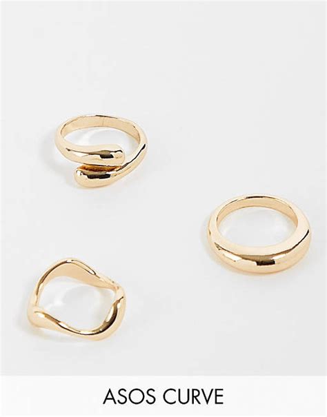 Asos Design Curve Pack Of 3 Rings In Mixed Design In Gold Tone Asos