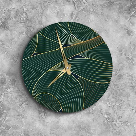 Green With Gold Clock Wave Wall Clock Leaves Wall Clock Nature Wall