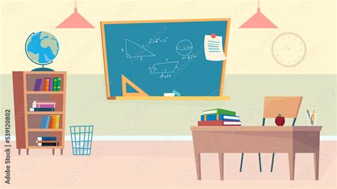 Empty School Classroom Interior Banner In Flat Cartoon Design Teacher