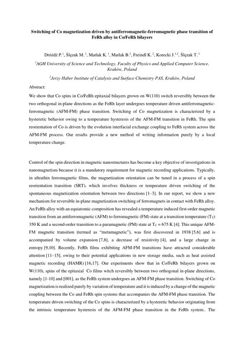 Pdf Switching Of Co Magnetization Driven By Antiferromagnetic Ferromagnetic Phase Transition