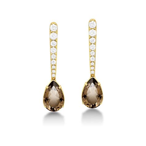 Brinco De Ouro 18k Gota Com Quartzo Fumê E Safiras Joalheria Safira