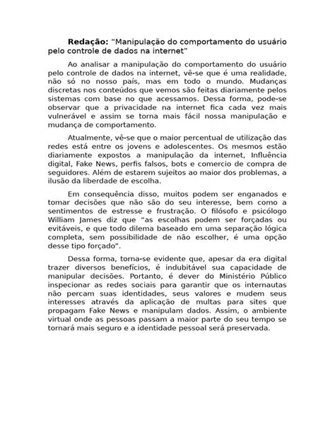 Redação Manipulação Do Comportamento Do Usuário Pelo Controle De