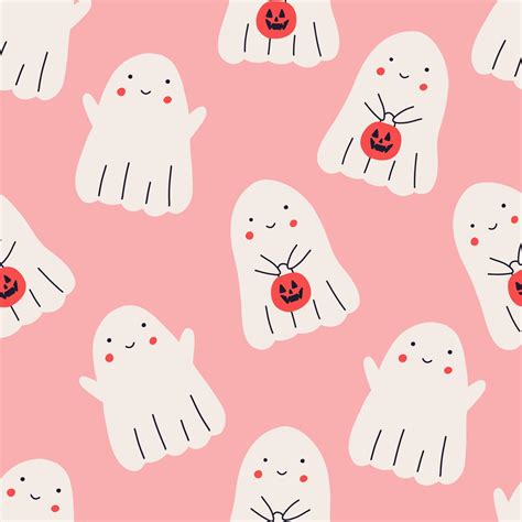 Cute Ghost Seamless Pattern Cartoon Flat Vector Illustration On Pink