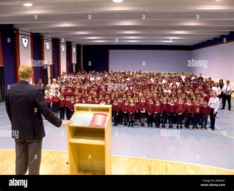 Headteacher Assembly School Teachers Pupils With Head Headmaster Taking Morning Assembly In
