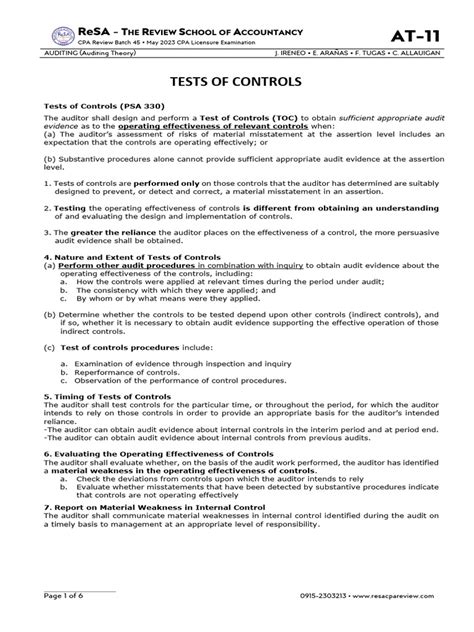 11 Tests Of Controls Pdf Financial Audit Audit