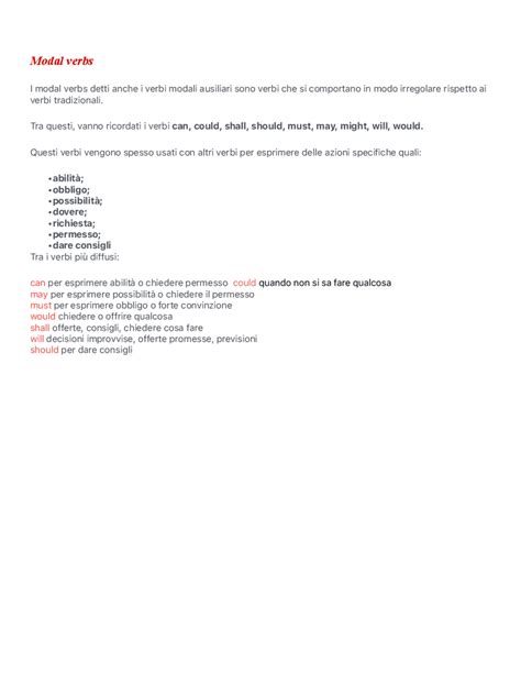 Modal Verbs Schema Schemi E Mappe Concettuali Di Inglese Docsity