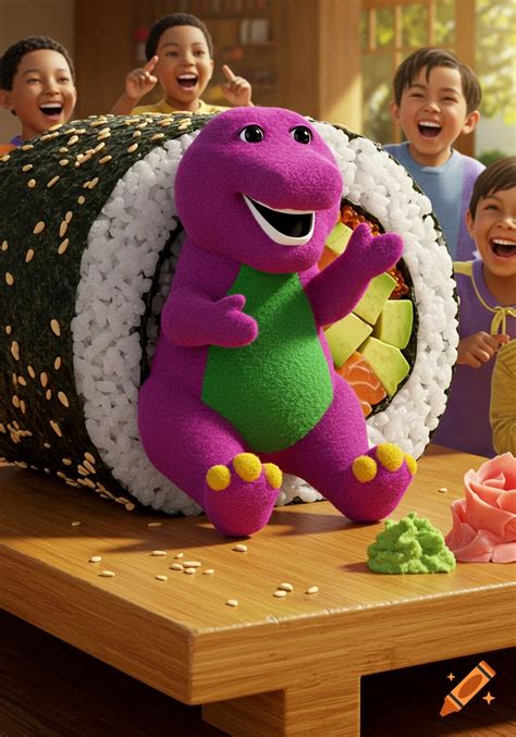 A Photorealistic Barney The Purple Dinosaur Sits Inside A Giant Sushi