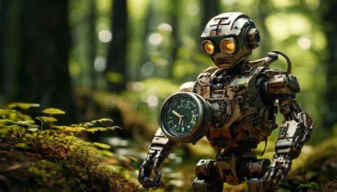 Retro Styled Robot Exploring A Lush Forest Environment Stock Photo