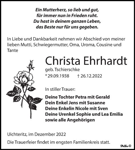 Traueranzeigen Von Christa Ehrhardt Abschied Nehmen De