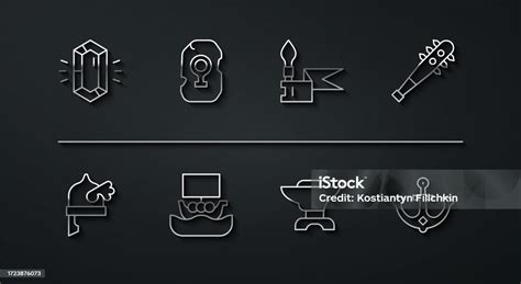 세트 라인 보석 뿔 달린 헬멧을 쓴 바이킹 스파이크가 달린 철퇴 대장장이를 위한 모루 배 드라카 마법 룬 닻 및 중세 창 아이콘