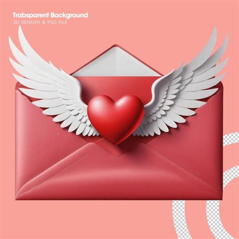 천사의 날개와 은 심장과 함께 분홍색 종이 봉투 현실적인 3d 디자인 축하 프리미엄 Ai 생성 Psd