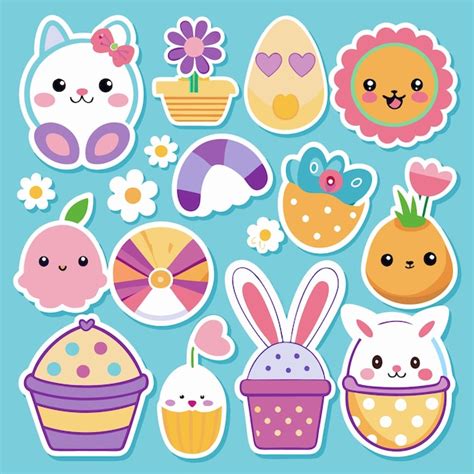 Premium Vector Cute Easter Stickers With Bunnies Flowers Eggs And Cupcakes