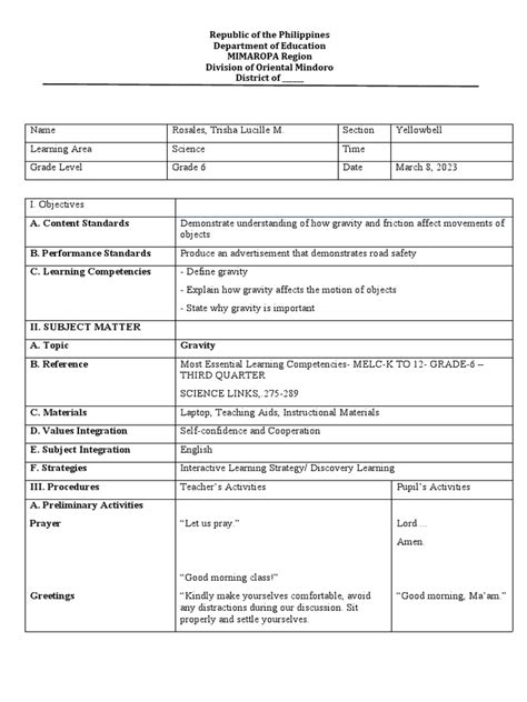 Detailed Lesson Plan In Science Grade 6 Wednesday Pdf Gravity Force