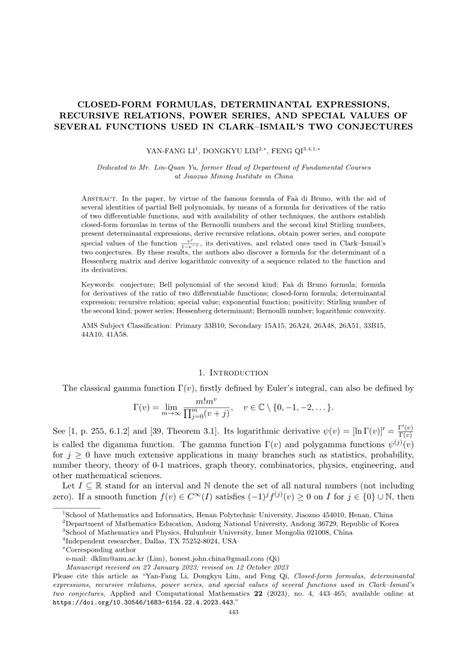 Pdf Closed Form Formulas Determinantal Expressions Recursive