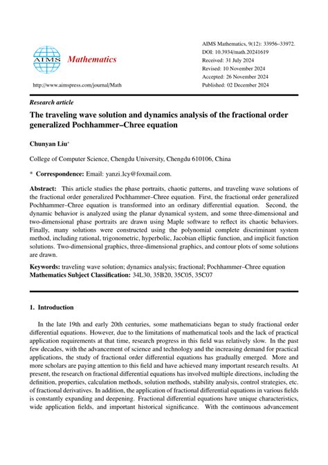 Pdf The Traveling Wave Solution And Dynamics Analysis Of The Fractional Order Generalized
