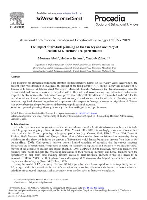 Pdf The Impact Of Pre Task Planning On The Fluency And Accuracy Of Iranian Efl Learners Oral