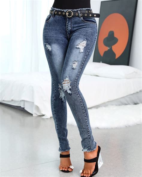 Casual Cutout Fringe Hem Jeans Shodg
