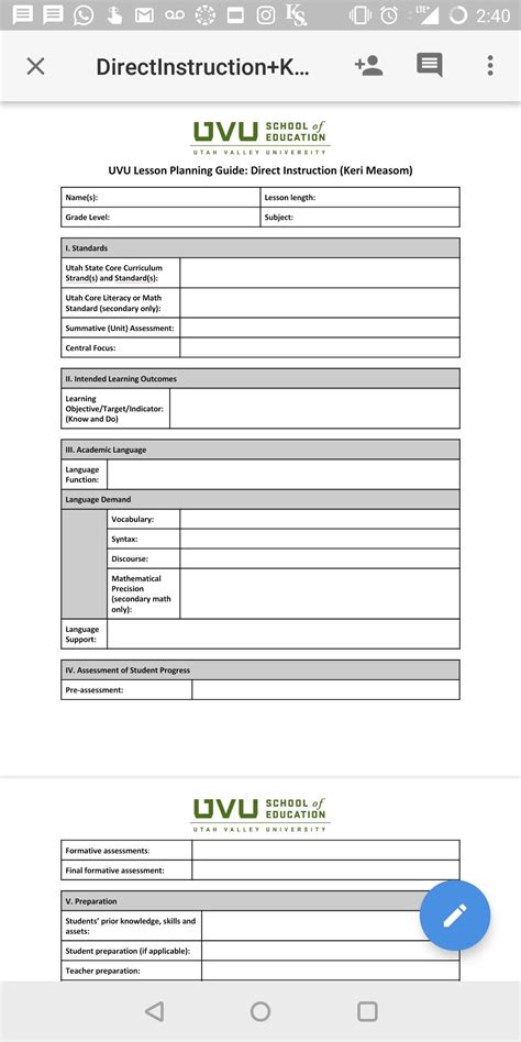 Direct Instruction Lesson Plan Template