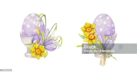 수채화 손으로 그린 부활절 축하 클립 아트 나뭇잎 꽃 파스텔 색상이 있는 도자기 컵에 계란을 칠했다 흰색 배경에 격리 초대장
