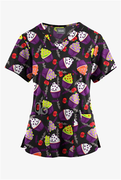 Butter Soft Originals Halloween Treats Black Printed Womens 4 Pocket V Neck Scrub Top Holiday