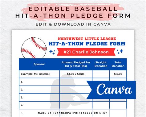 Editable Baseball Hit A Thon Fundraiser Pledge Sheet Canva Etsy