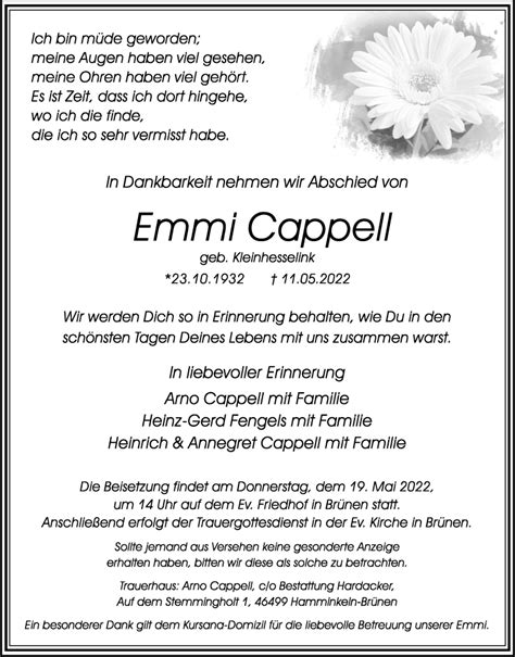 Traueranzeigen Von Emmi Cappell Trauer In Nrwde