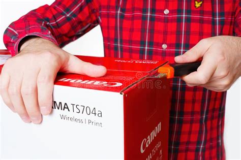 Kyiv Ukraine July 20 2023 Opening Canon Pixma Printer Retail Box With A Utility Knife