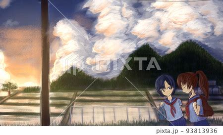 夕暮れの道を歩く田舎の女子高生達のイラスト素材 93813936 PIXTA