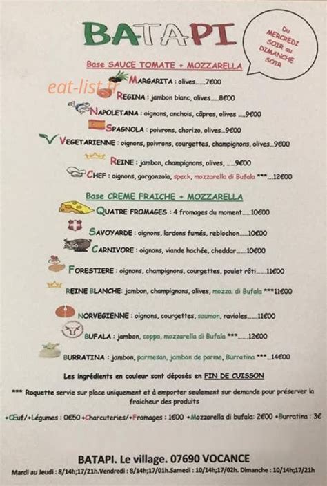 Batapi à Vocance Menu Et Photos