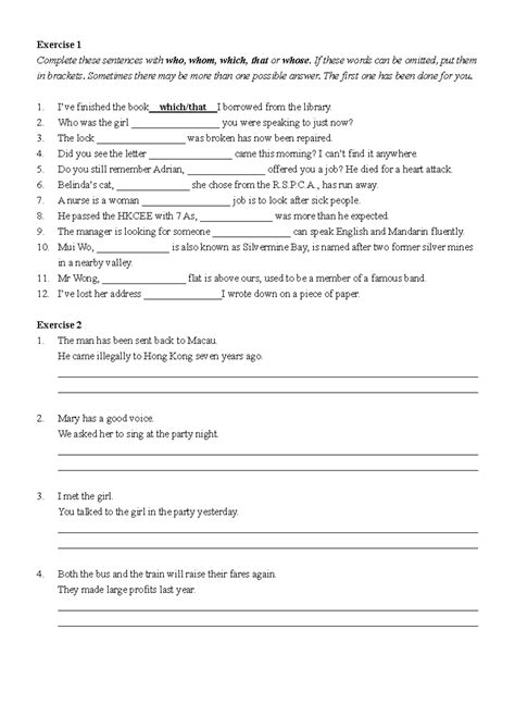 Adjective Clause Exercise Exercise 1 Complete These Sentences With