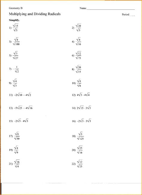 Multiply Radical Expressions Worksheet Dividing Radicals Worksheet
