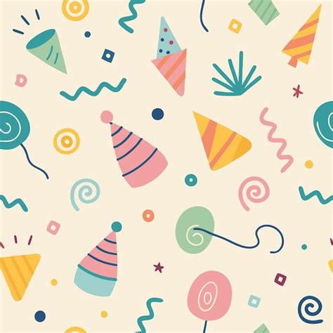 Seamless Pattern With Party Hats Confetti And Swirls Premium Vector