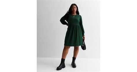 Curves Dark Green Crinkle Jersey Long Sleeve Mini Smock Dress New Look
